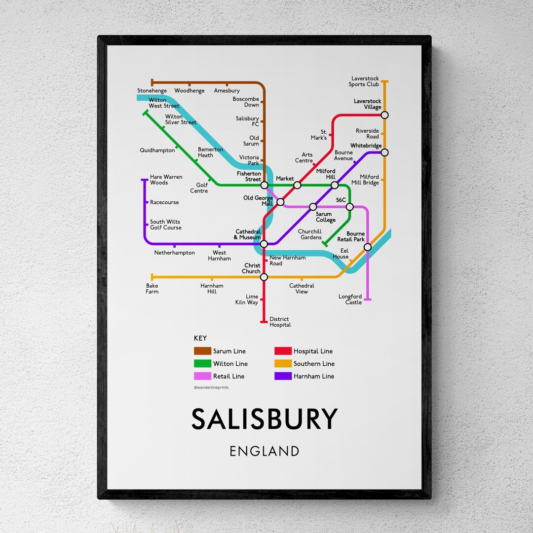Salisbury Tube Map Print, Underground Street Map Wall Art Gifts ...