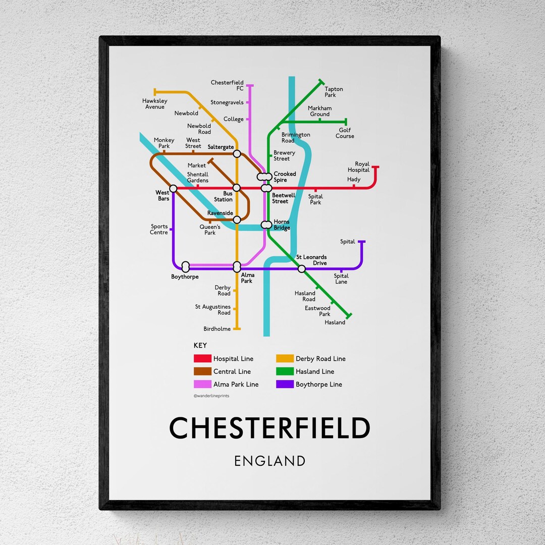 Chesterfield Tube Map Print, Underground Street Map Wall Art Gifts ...