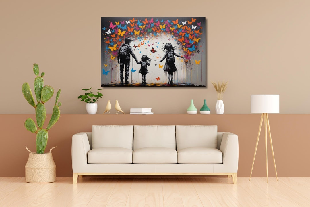 Three Siblings With Colorful Butterflies Canvas Wall Art, Happy and ...