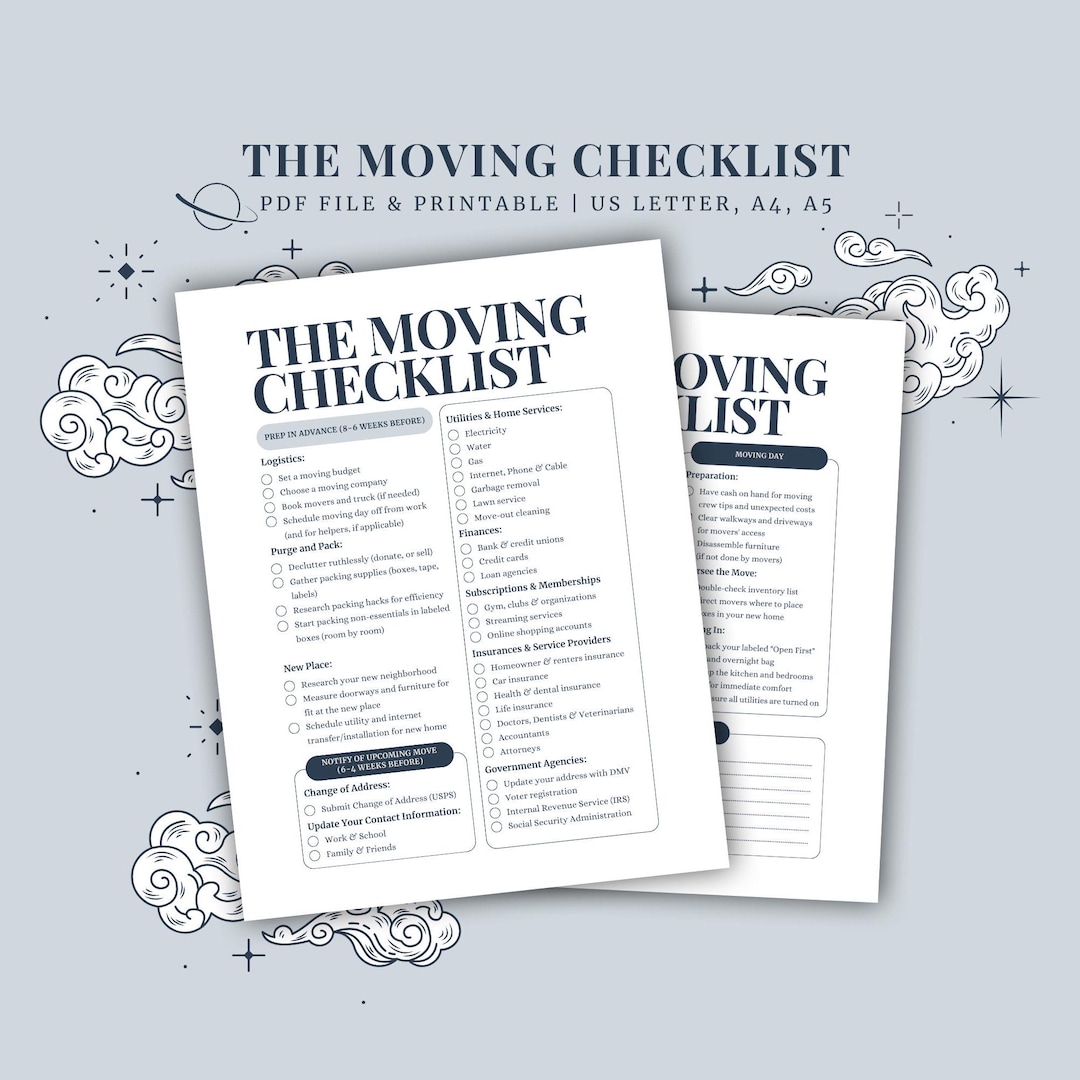Moving Checklist Printable Home Planner Packing Guide First Apartment ...