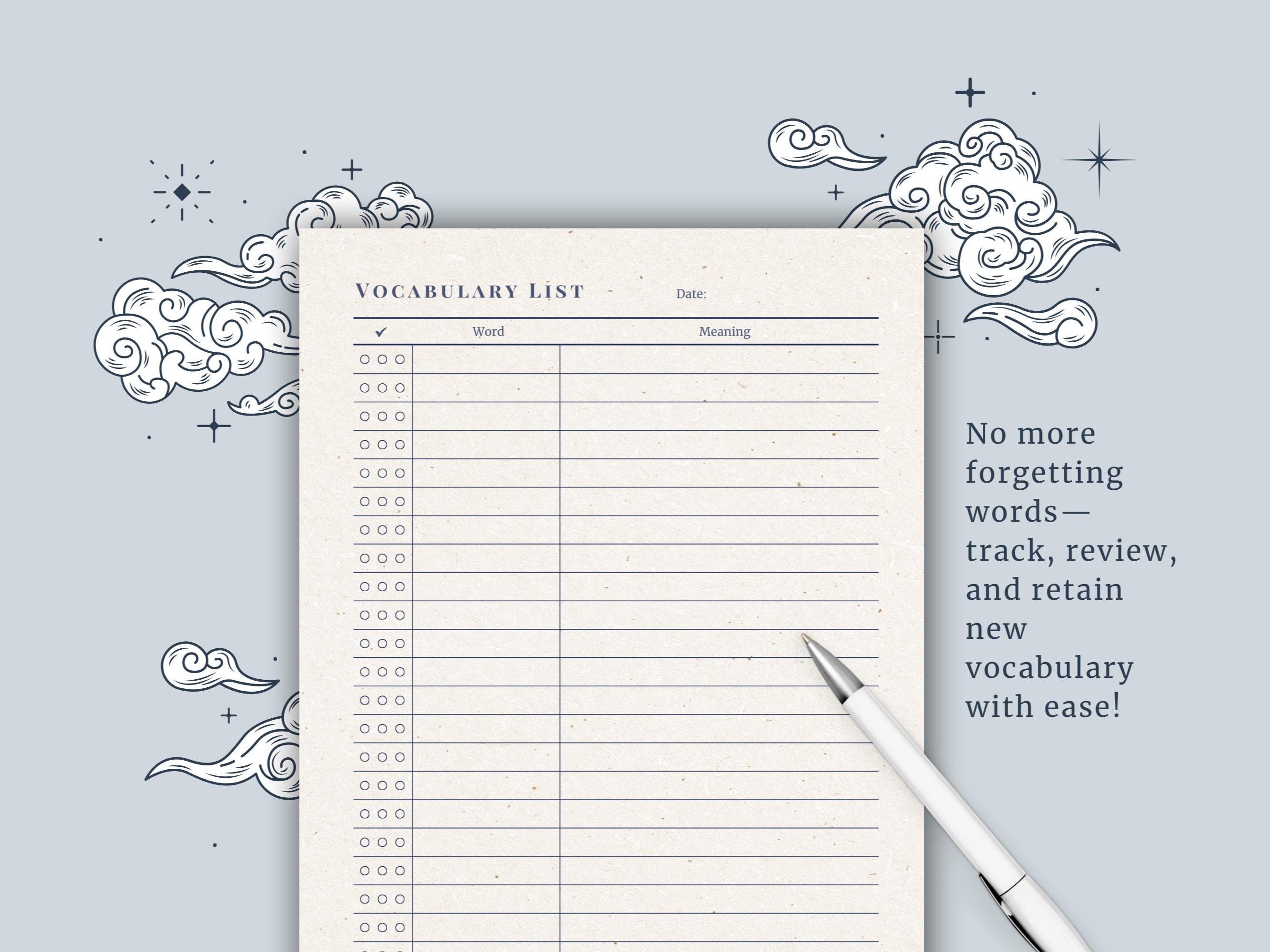 Vocabulary Workbook Printable Language Builder Term List Study Aid ...