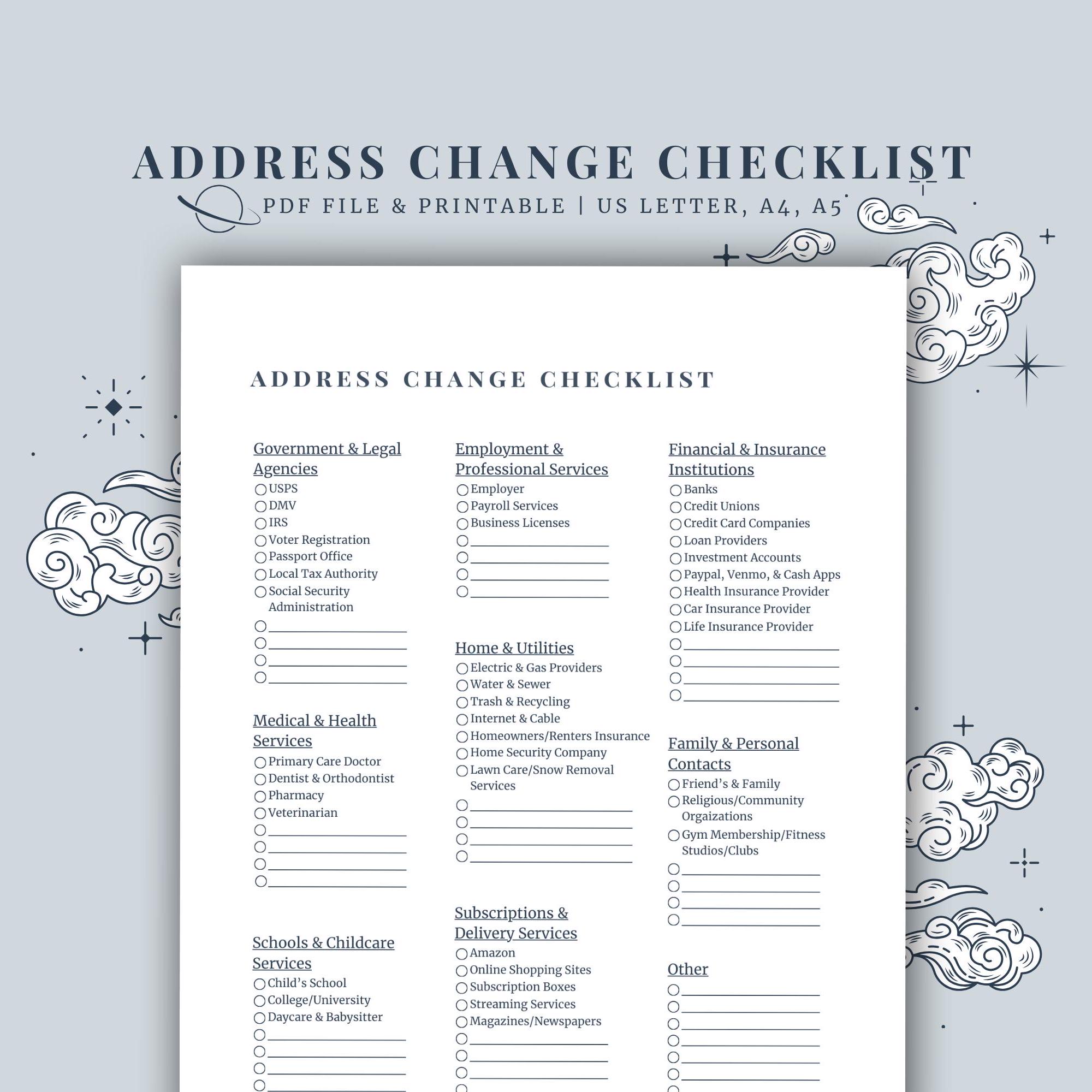 Address Change Checklist Update Planner Moving Organization Home Change ...