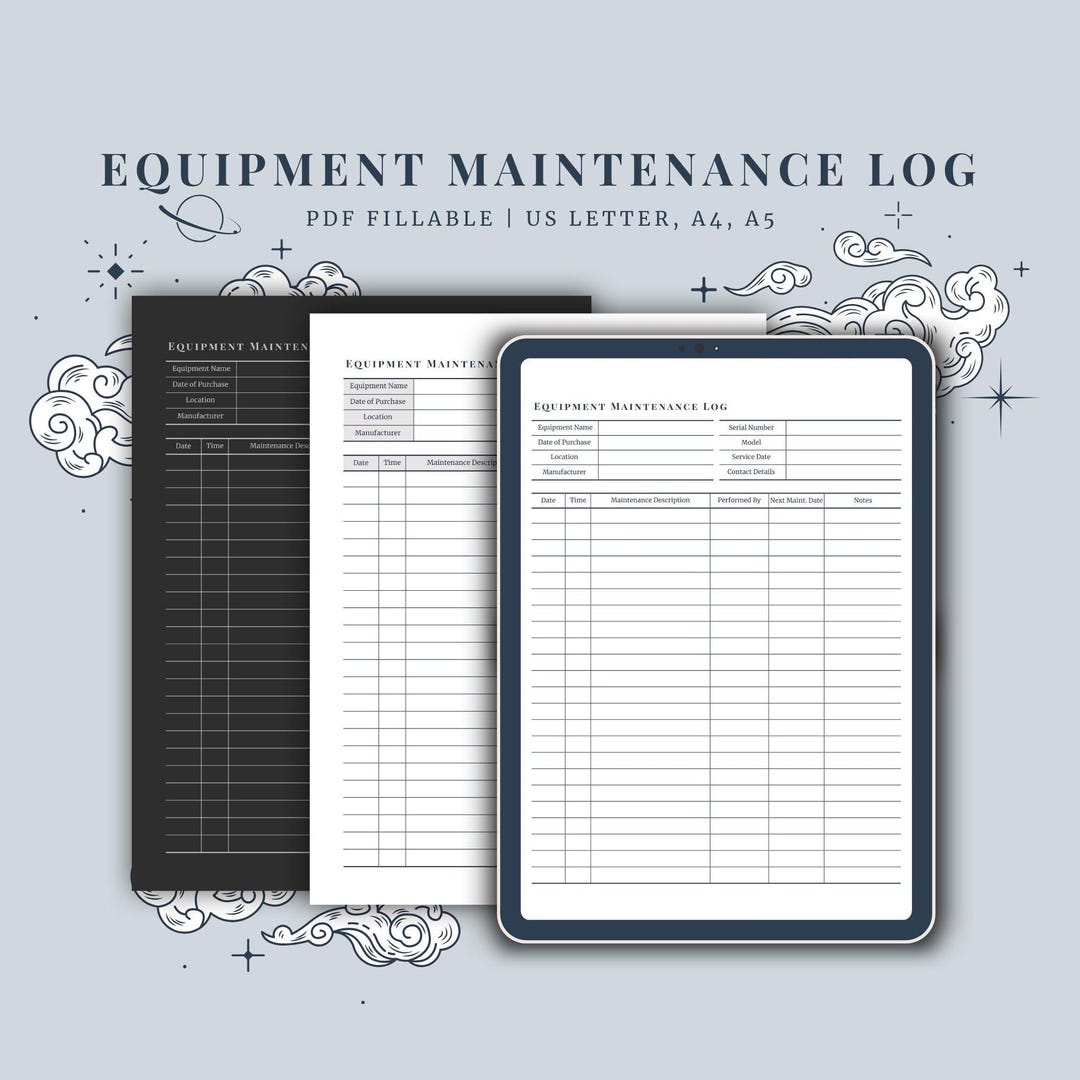 Equipment Maintenance Log Editable Tracking Sheet for Homeowners Trades ...