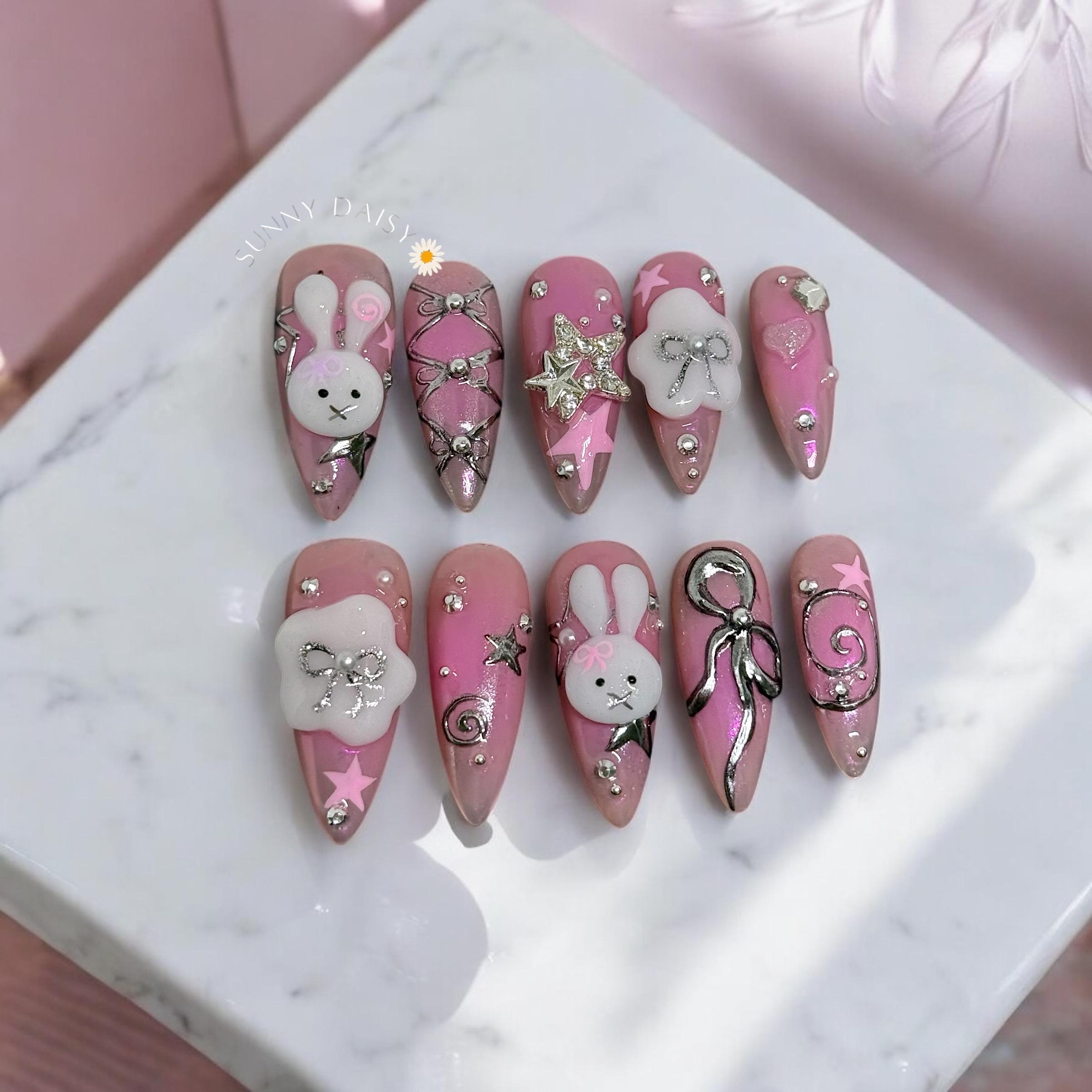 Sweet Bunny Nails | Airbrush Nails Design | 3D Clouds Art and Bunny ...