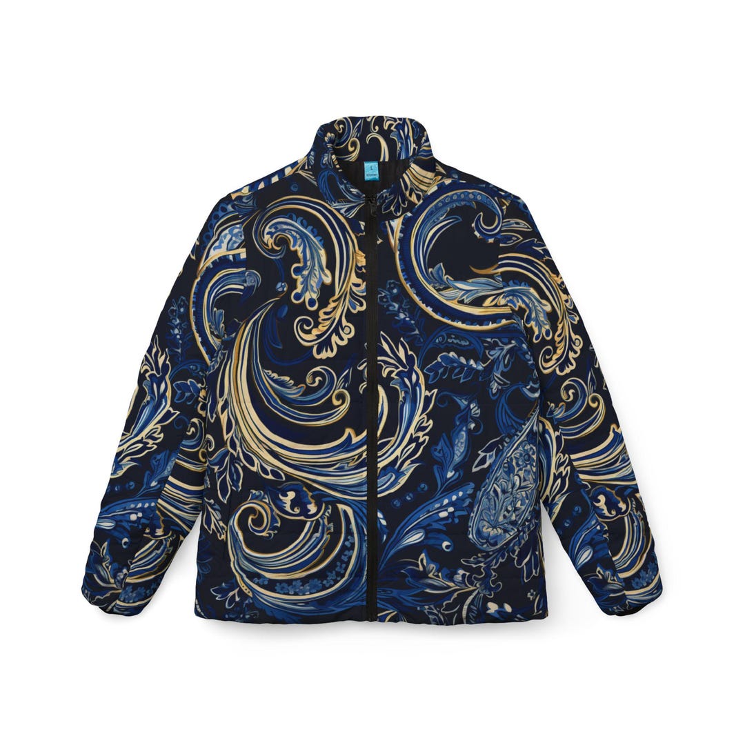 Navy Paisley Women's Puffer Jacket, Elegant Floral Pattern, Winter Coat ...