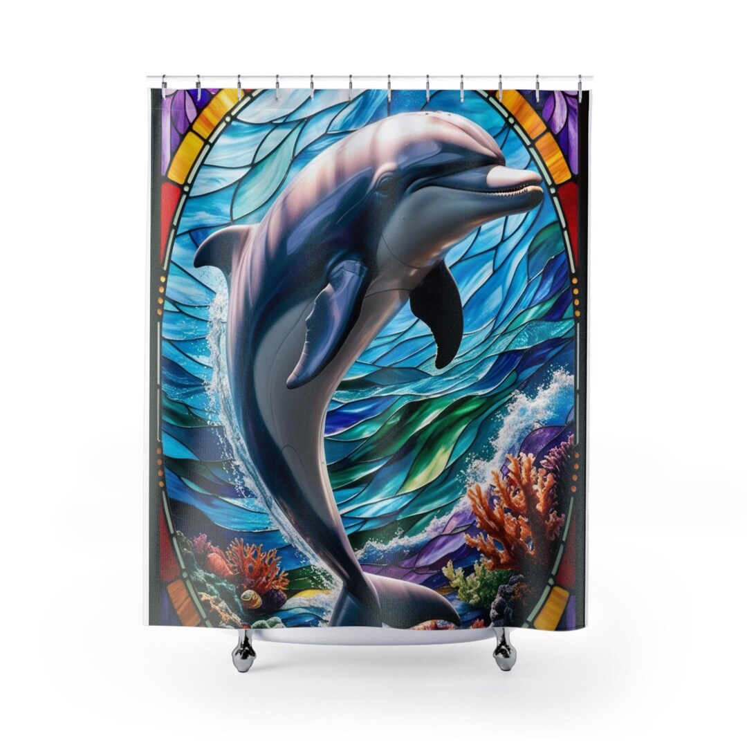 Stained Glass Dolphin Shower Curtain, Colorful Bathroom Decor, Ocean ...