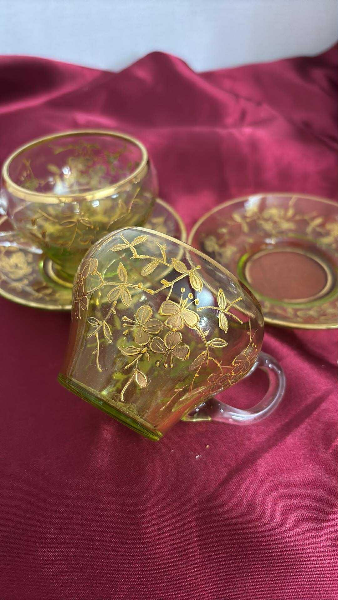 Moser Green Glass Cups and Saucers. - Etsy