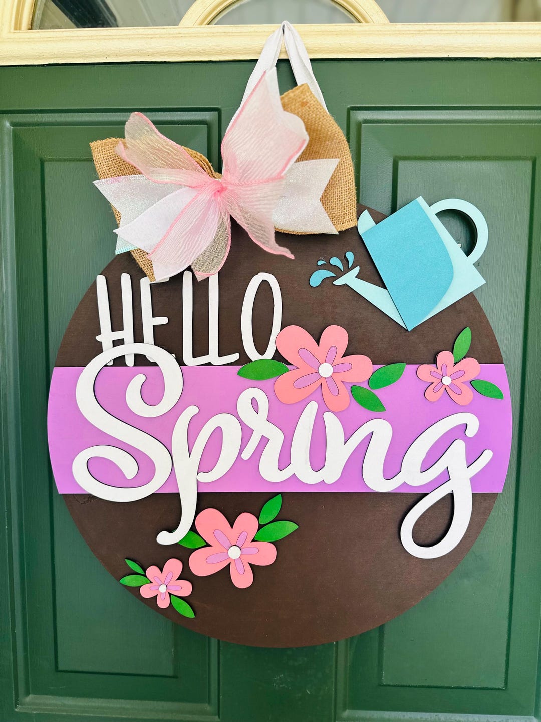 Handmade Hello Spring Wooden Door Hanger, Floral Watering Can Decor (18 ...