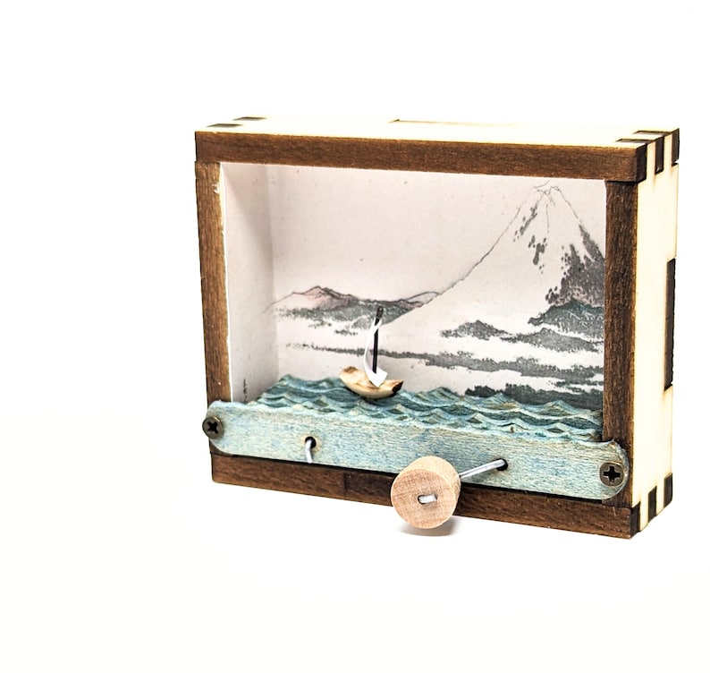 Japanese Woodblock Tiny Kinetic Sculpture Paper Sailboat Mt Fuji ...