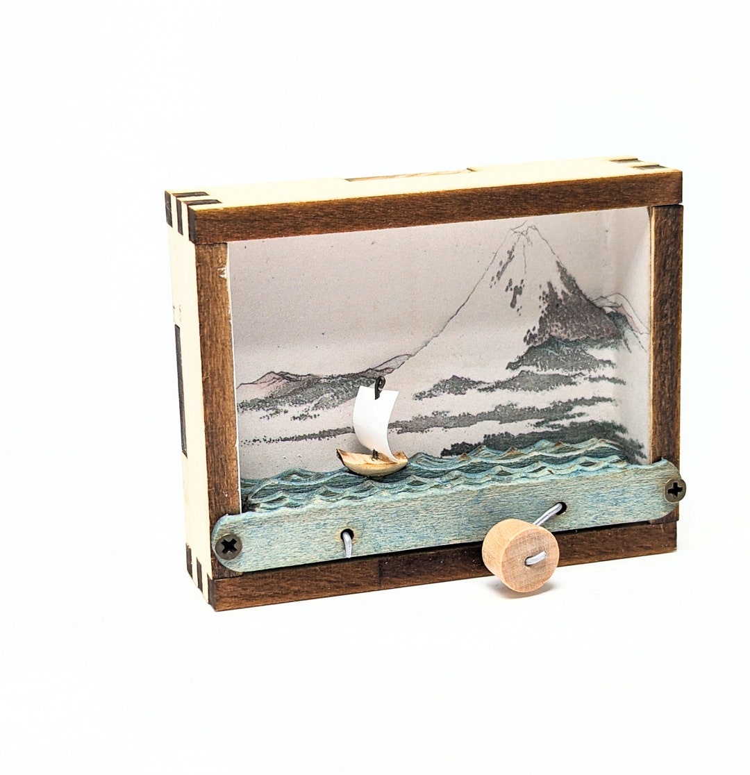 Japanese Woodblock Tiny Kinetic Sculpture Paper Sailboat Mt Fuji ...