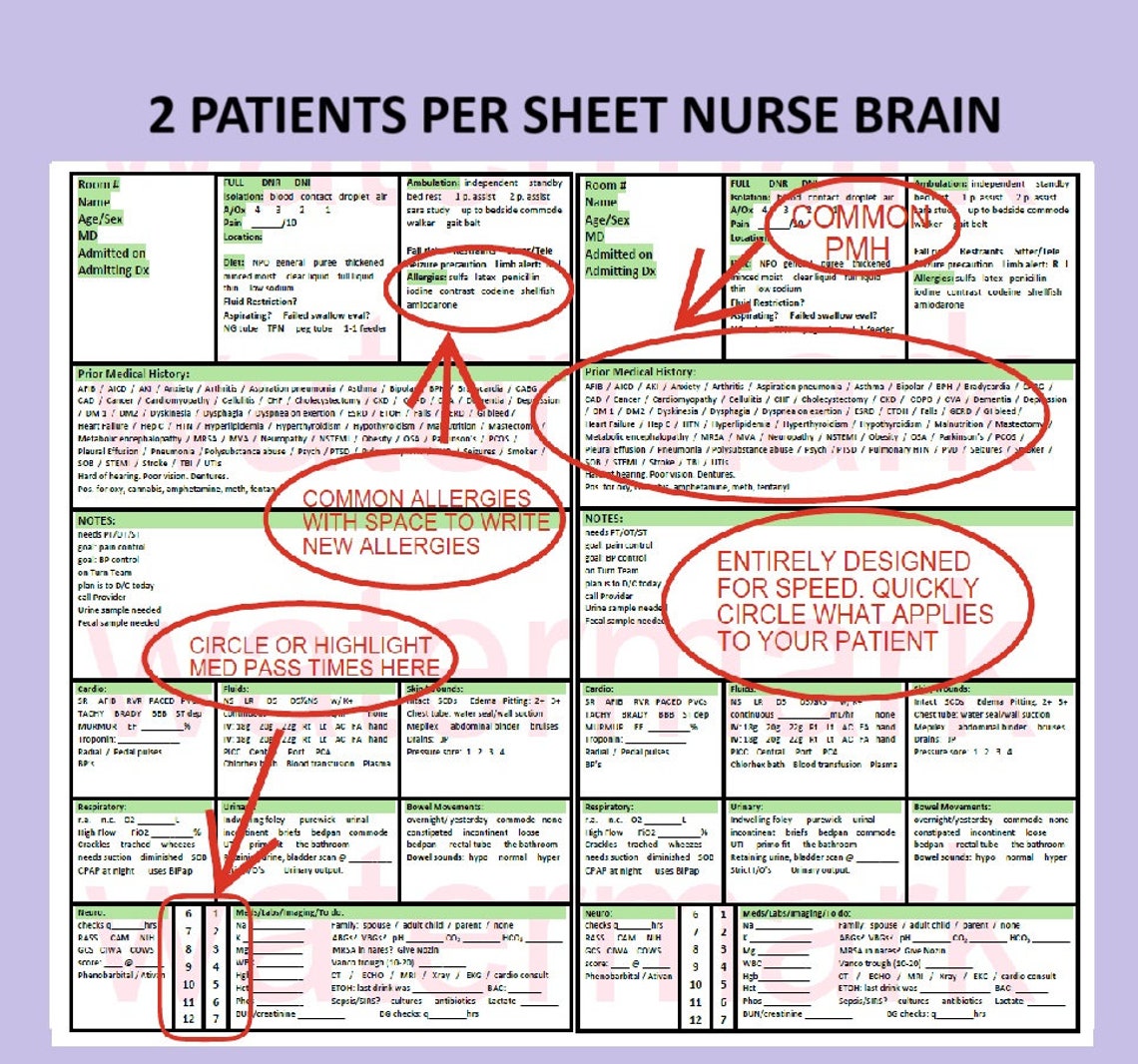 Nursing Brain Sheet, Report Sheet, Nurse Handoff, Nurse Brain ...