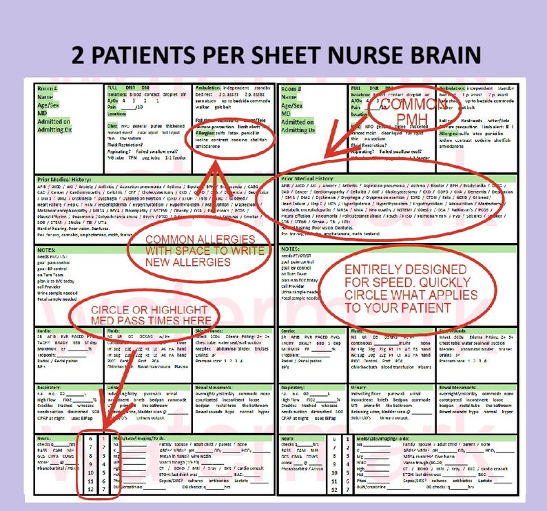 Nursing Brain Sheet, Report Sheet, Nurse Handoff, Nurse Brain ...