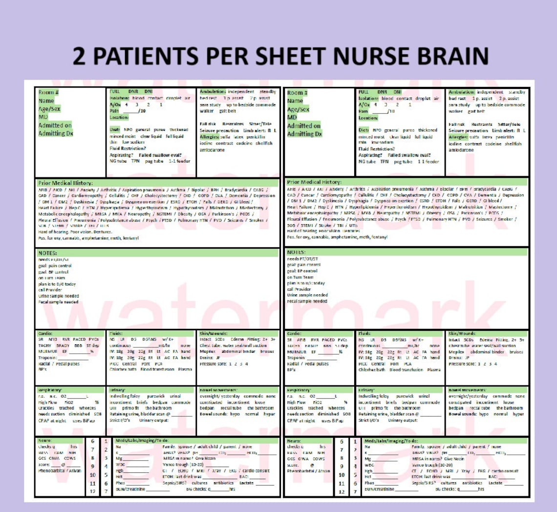 Nursing Brain Sheet, Report Sheet, Nurse Handoff, Nurse Brain ...