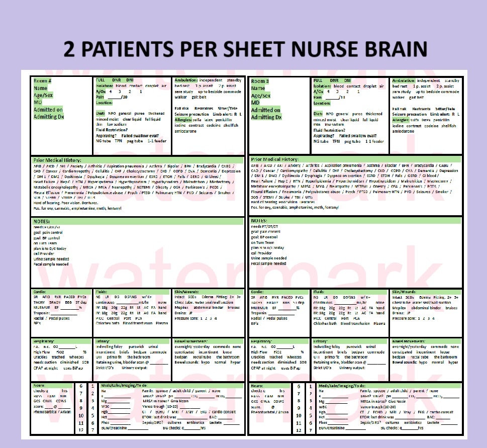 Nursing Brain Sheet, Report Sheet, Nurse Handoff, Nurse Brain ...