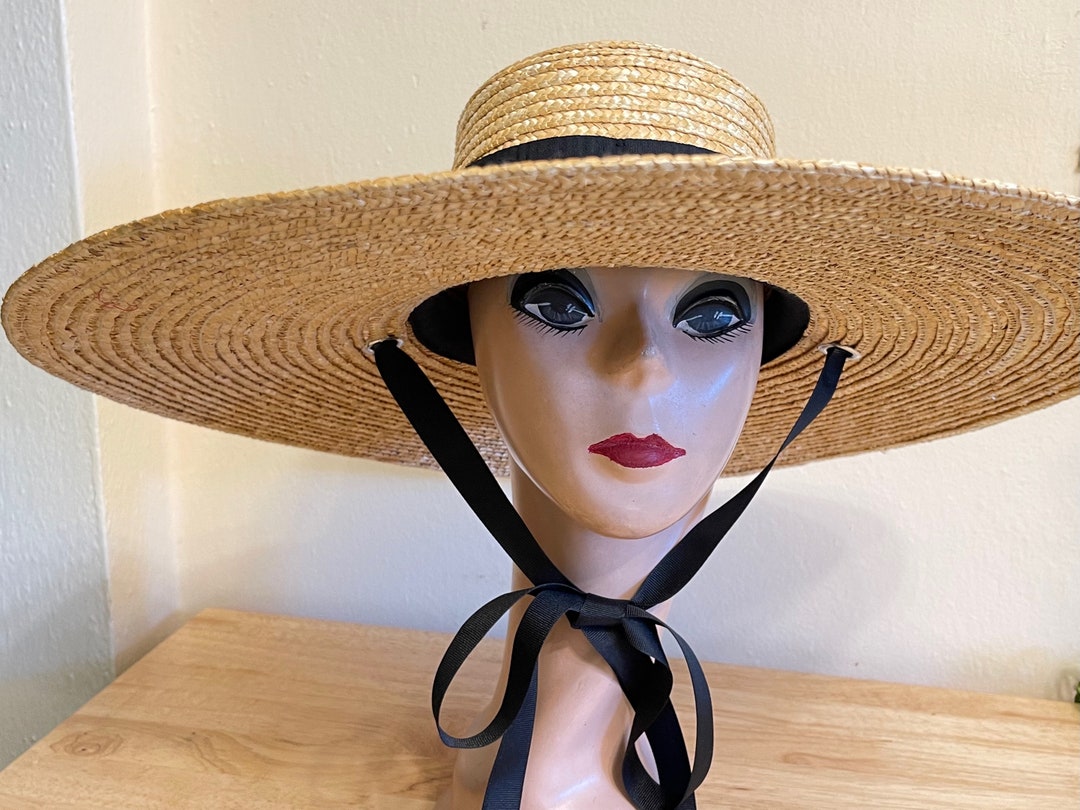 6 Inch Natural Straw Boater Hat With Black Ribbon Band and Tie / Large ...