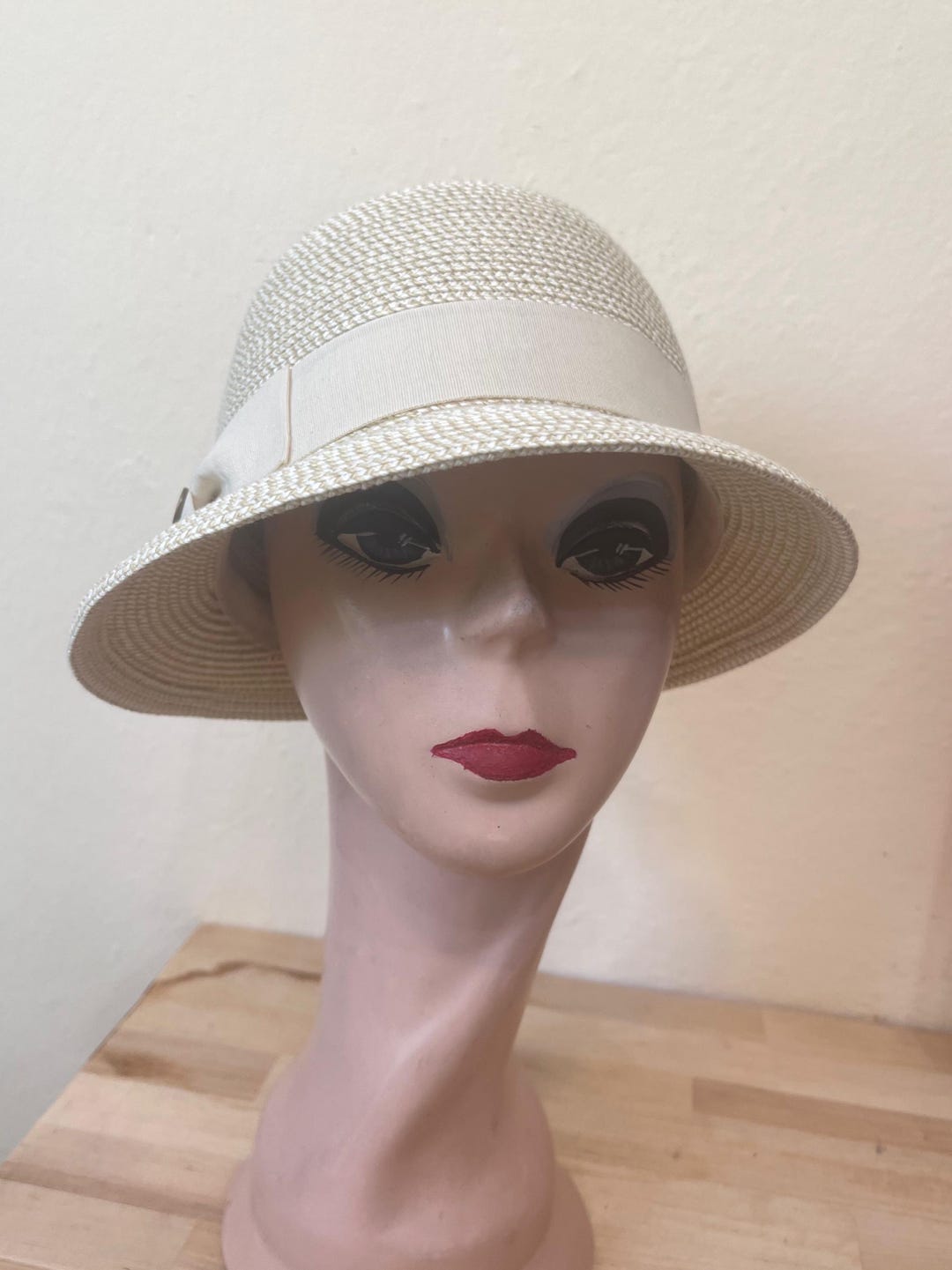 Slanted Brim Beige Cloche Hat With Bow / Vintage Inspired Downton Abbey ...