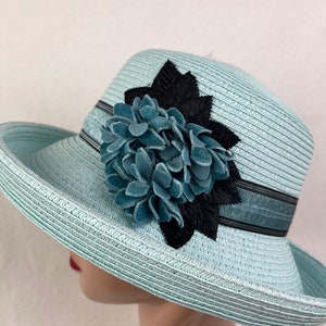Light Blue Straw Kettle Brim Hat With Velvet Flowers and Vintage Ribbon ...