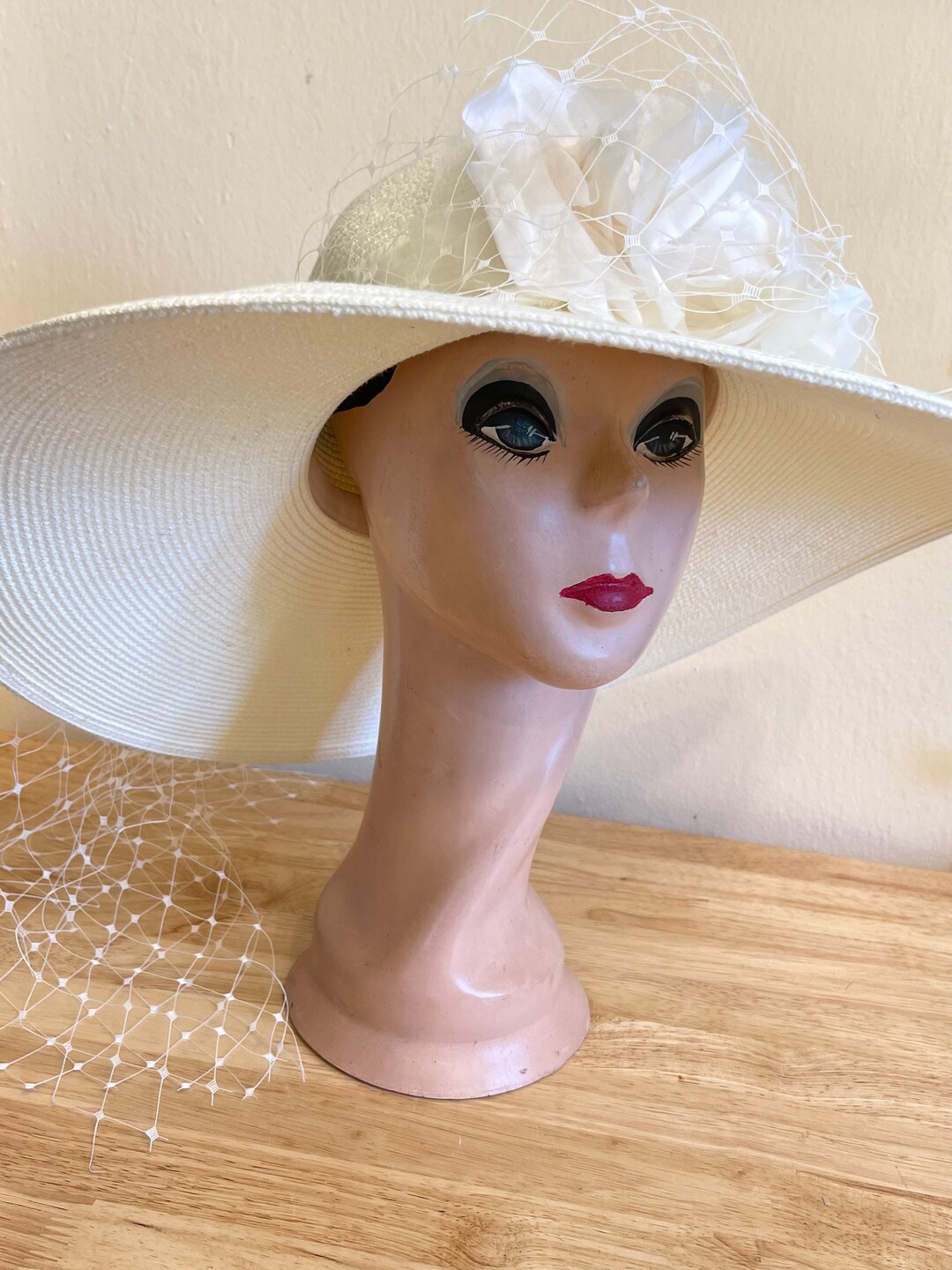 6 Inch Brim Ivory Bridal Hat With Silk Roses & Removable Netting / Special Occasion Hat ...