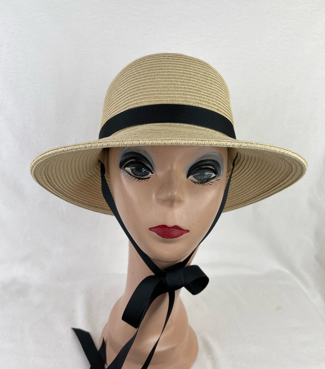 Small Head Size 2.75 Inch Straw Sun Hat With Black Ribbon Band and Tie ...