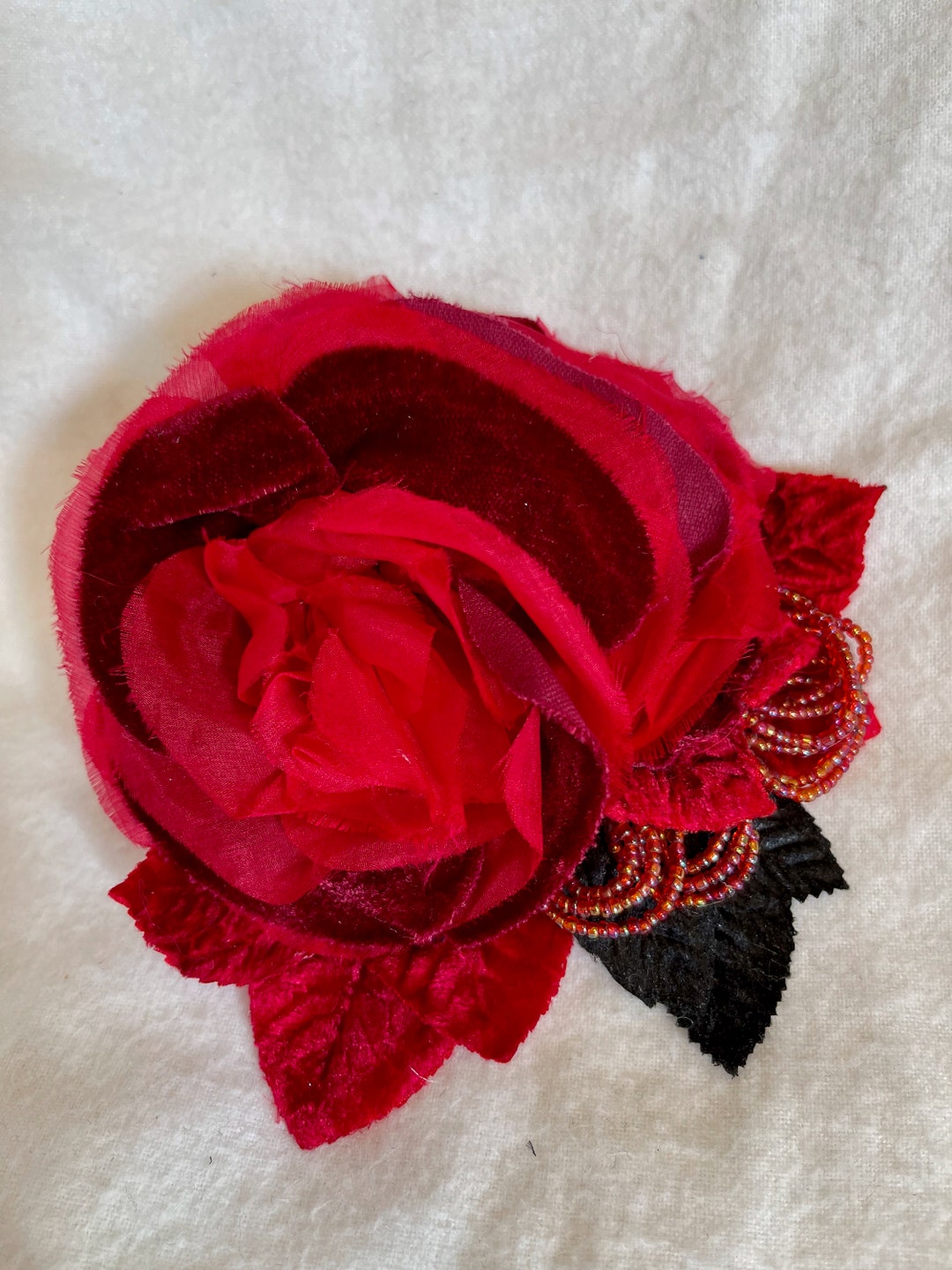 Vintage Red Velvet and Silk Rose Hat Pin With Velvet Leaves & Beading ...
