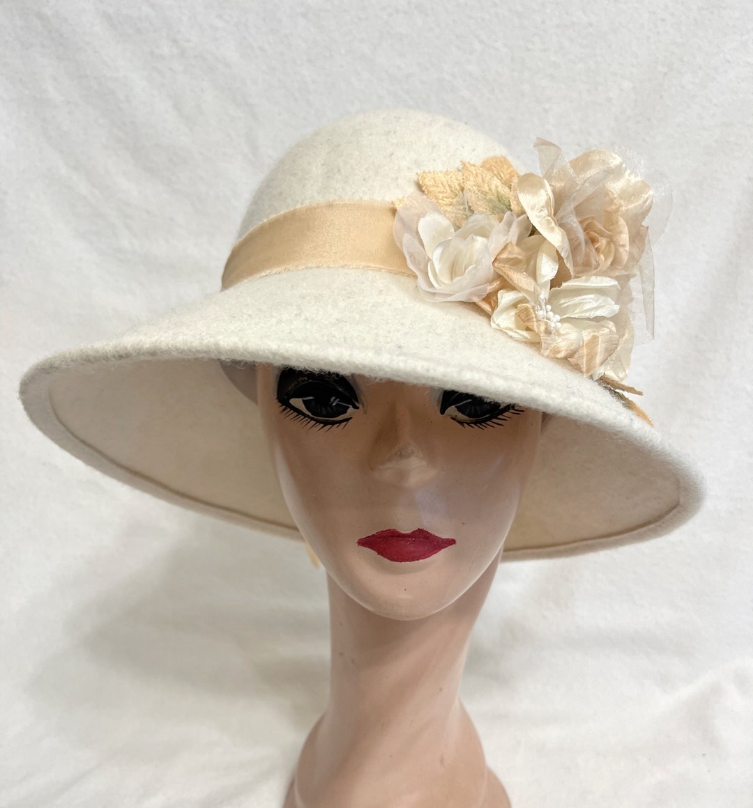 Ivory Wool Felt 3.5 Brim Bucket Hat With Silk Rose & Velvet Leaves With ...