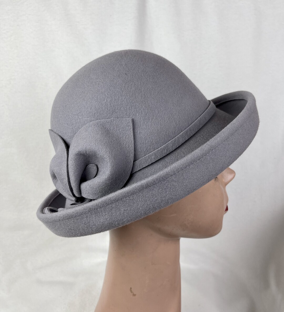 Gray Wool Felt Small Brim Hat With Felt Flower Trim / Felt Upturned ...