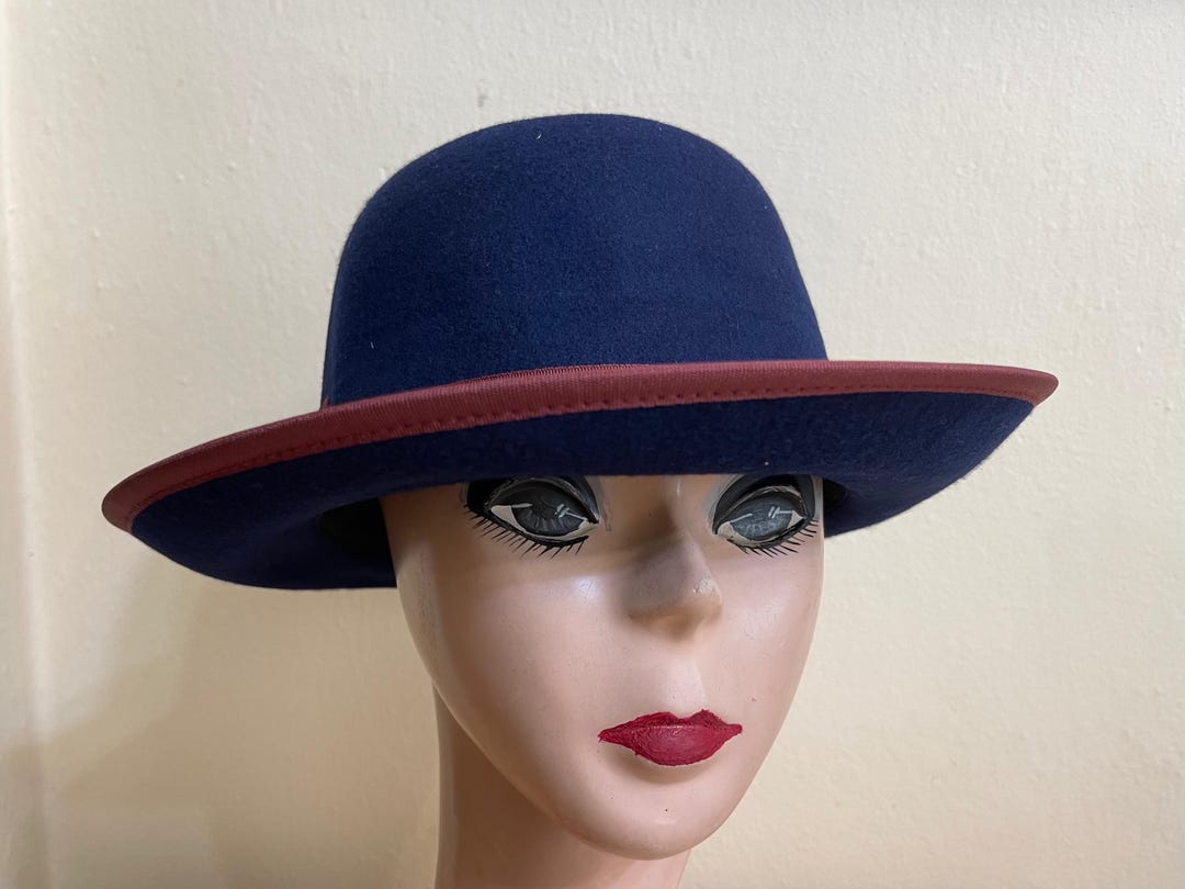 Navy Wool Felt Bowler Hat: Annie Hall Style With Burgundy Trim - Etsy