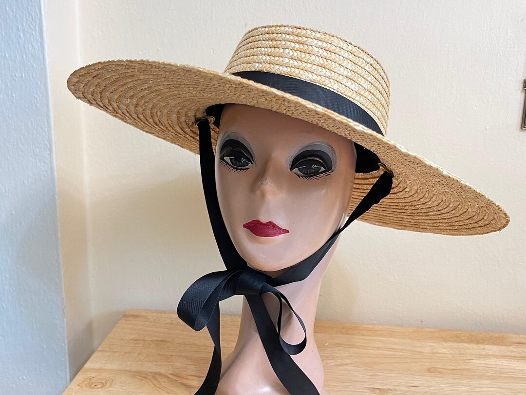 5 Inch Brim Natural Straw Boater Hat With Black Ribbon Band and Tie ...