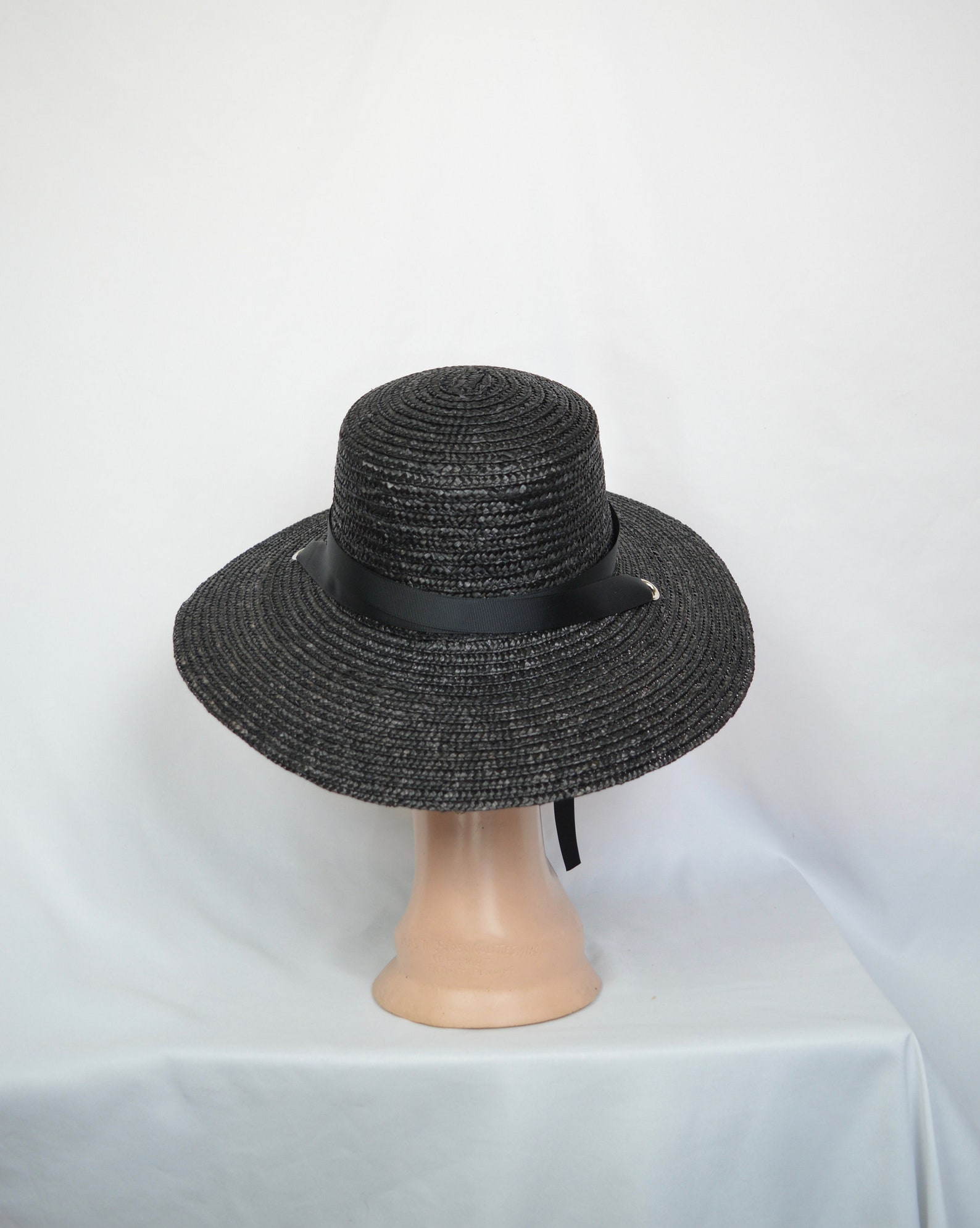 4 Inch Black Straw Boater Hat With Black Ribbon Band and | Etsy