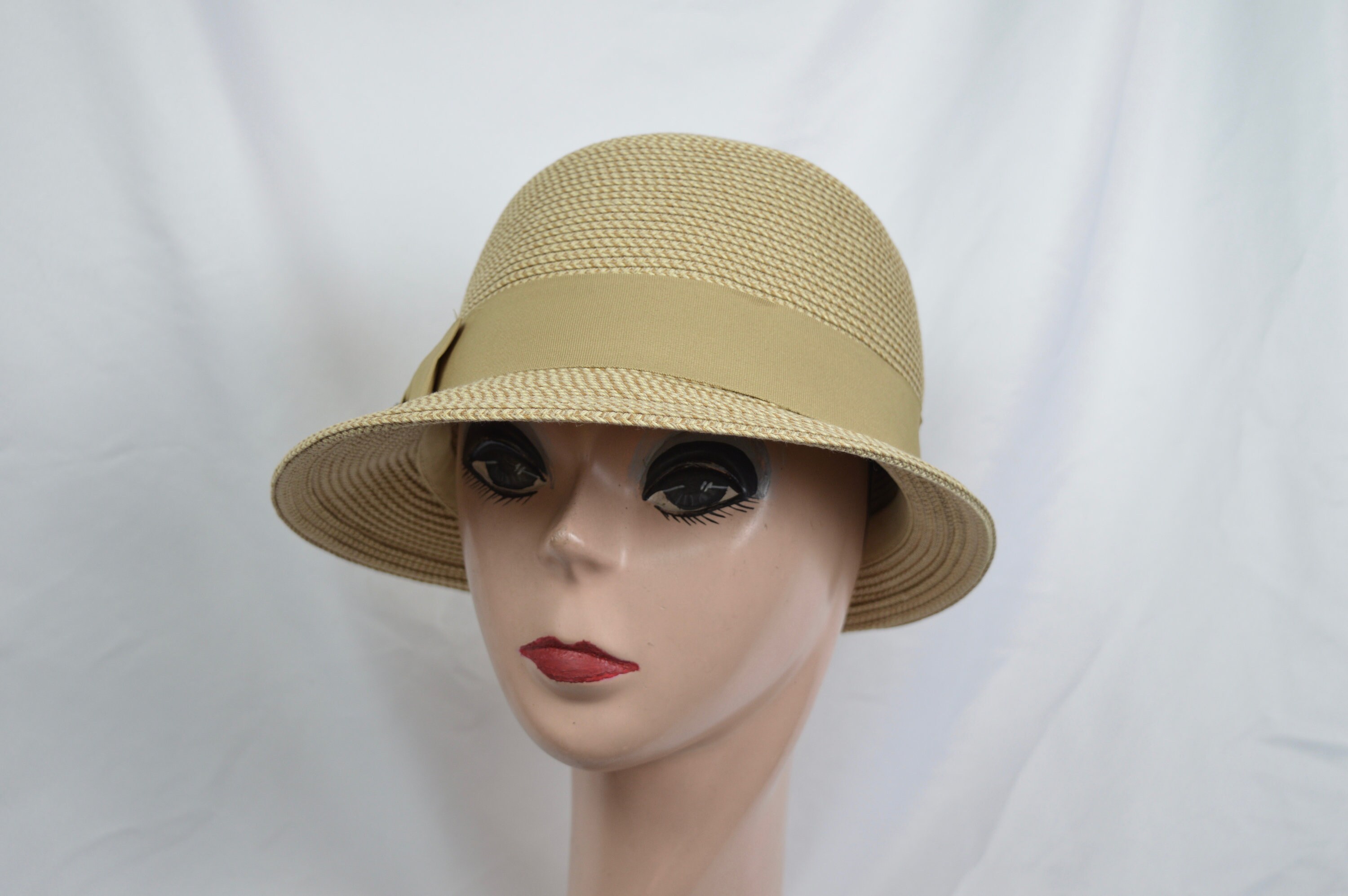 Slanted Brim Tan Cloche Hat With Bow / Vintage Inspired | Etsy
