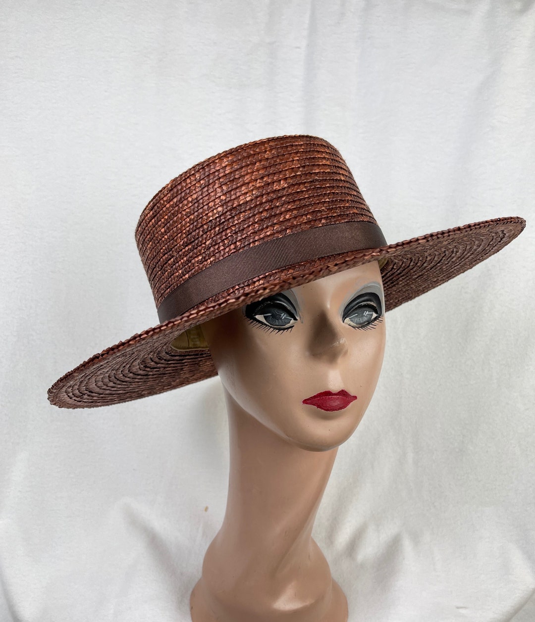 Large Head Size Brown Natural Wheat Straw Boater Hat / Classic 3.75 ...