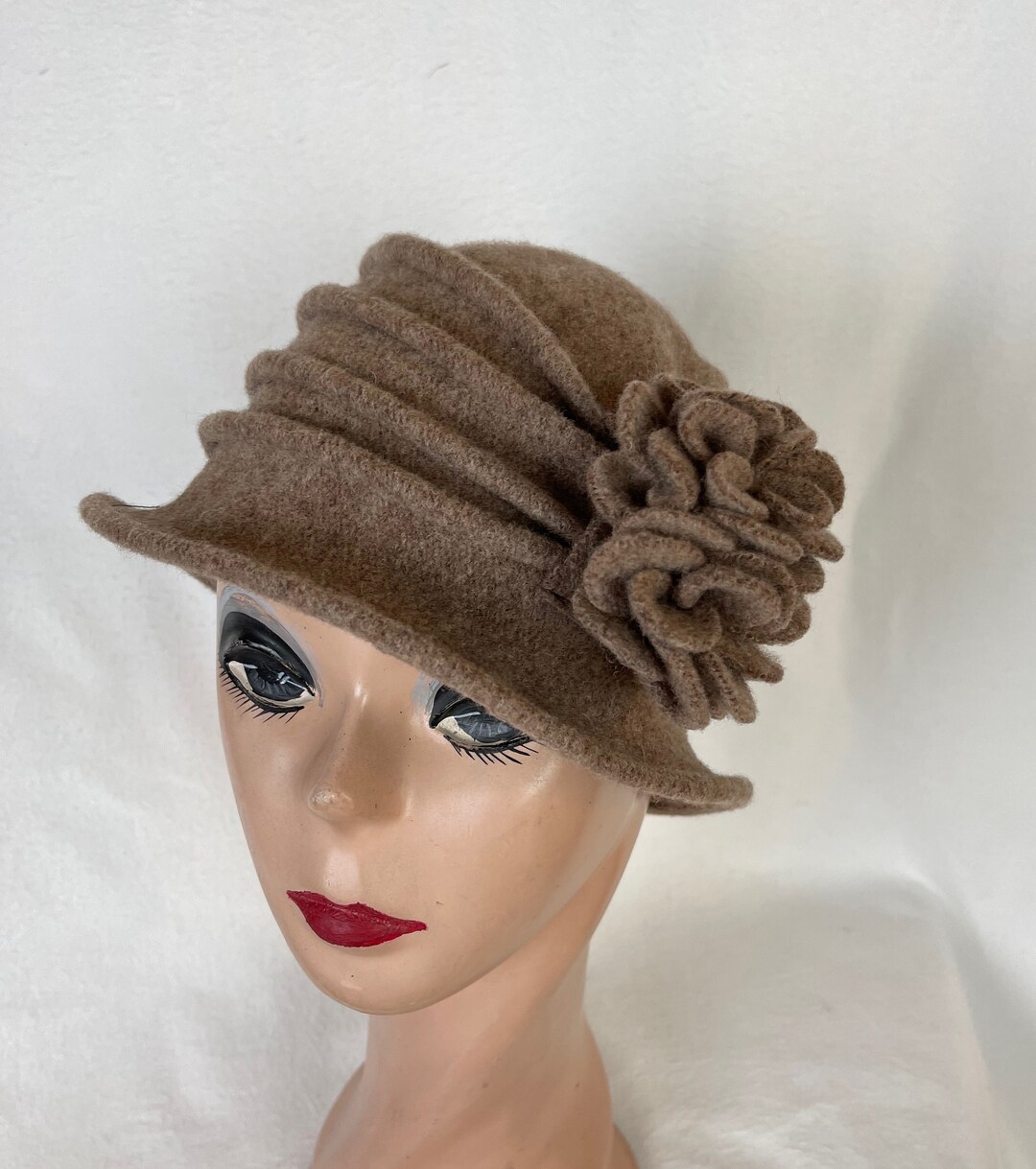 Brown Boiled Wool Brim Cloche Hat With Wool Flower Side Trim / Boiled ...