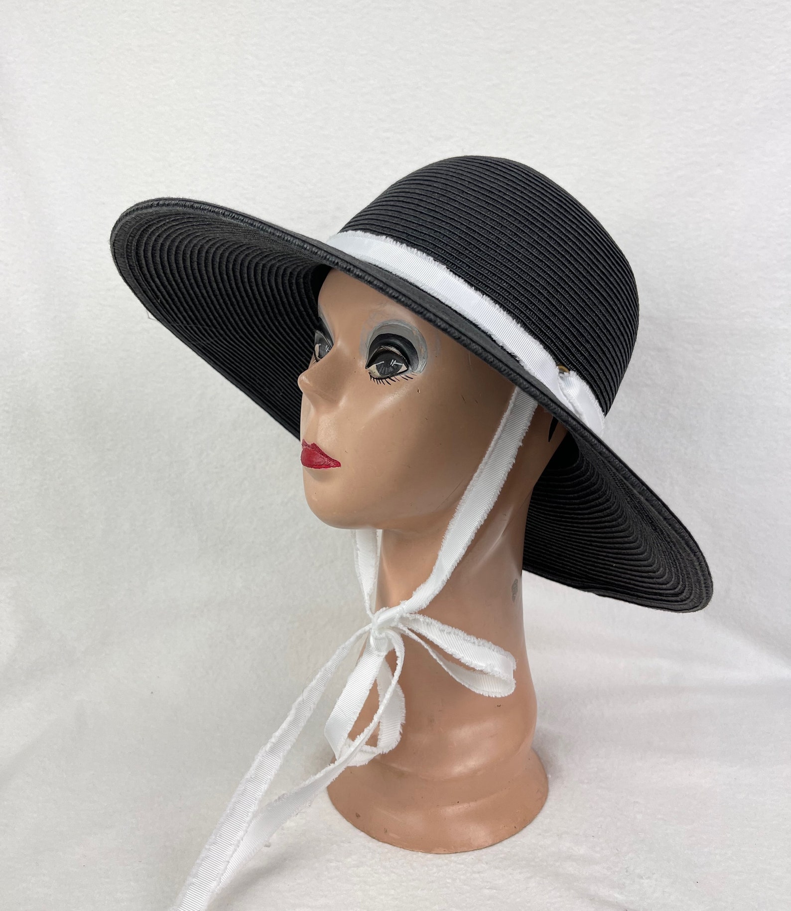 Black 4 Inch Downturn Brim Straw Hat With White Ribbon Chin - Etsy