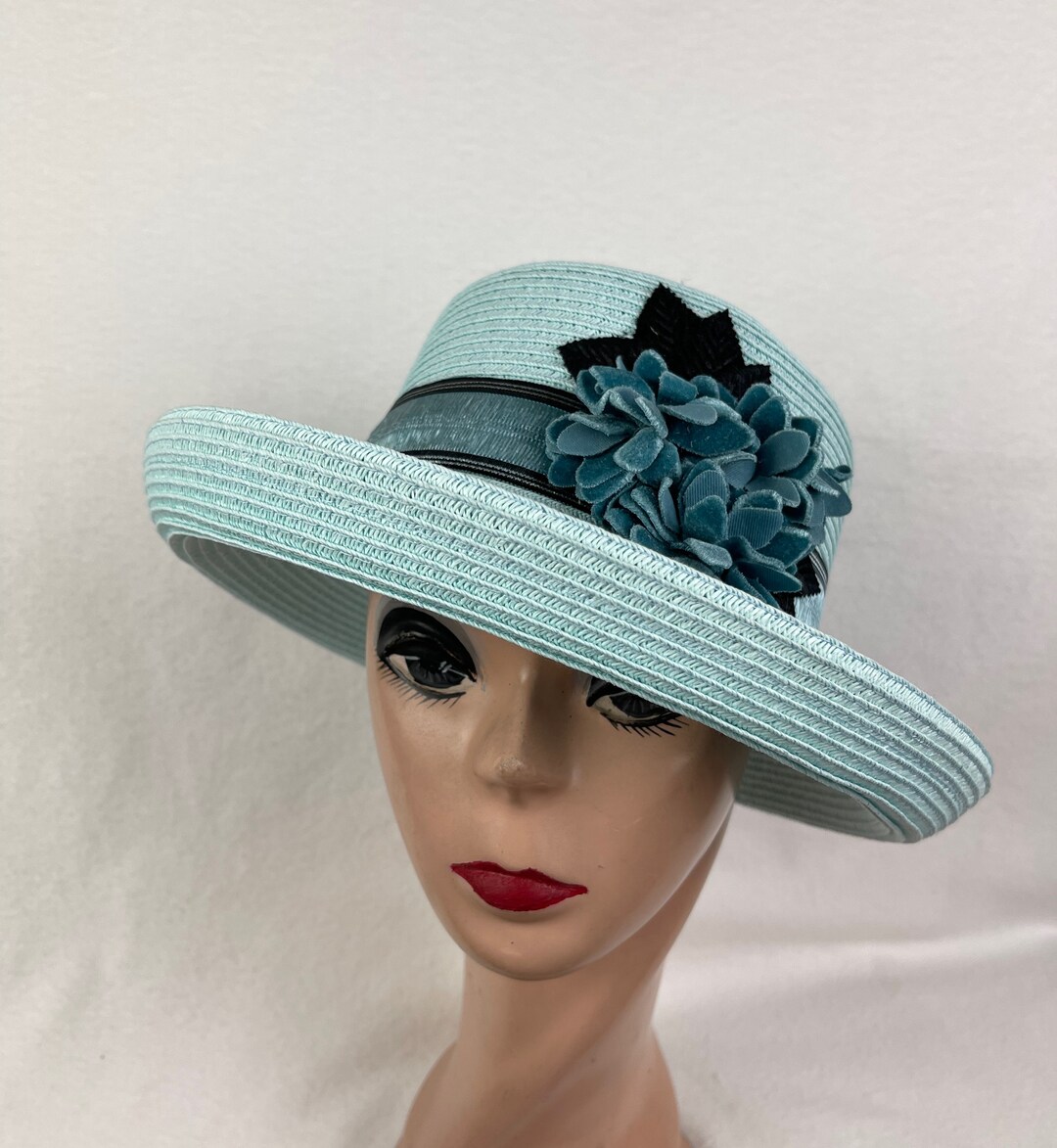 Light Blue Straw Kettle Brim Hat With Velvet Flowers and Vintage Ribbon ...
