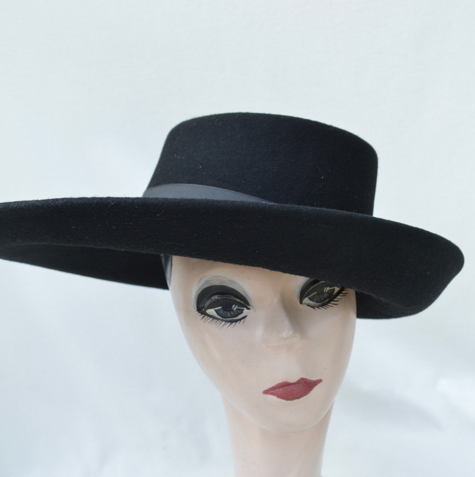 Black Large Brim Wool Felt Hat /black Felt Side Rolled Brim - Etsy