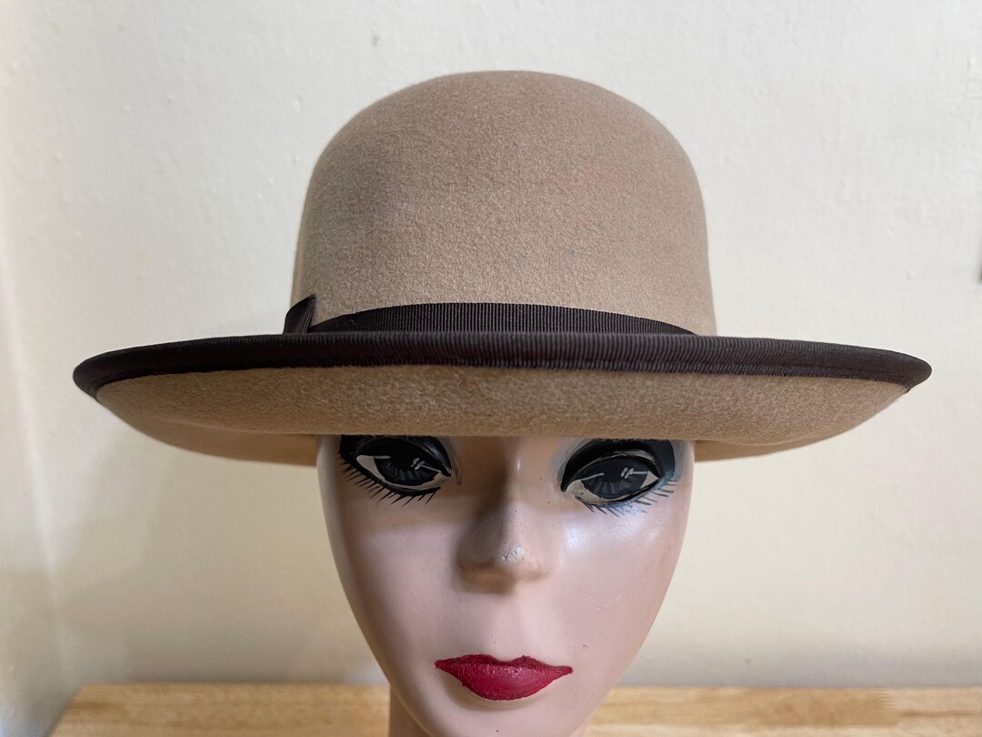 Tan Wool Felt 2 1/2 Inch Curved Brim Annie Hall Style Bowler Hat With ...