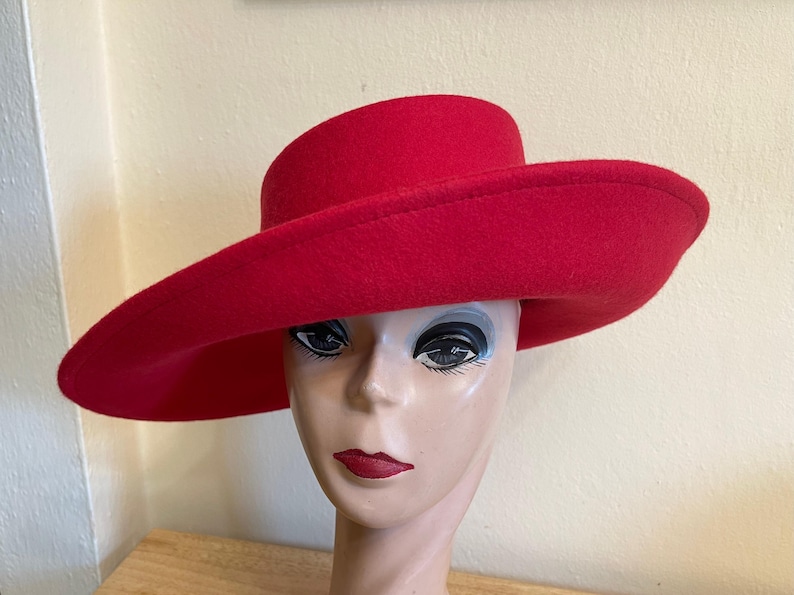 Red Large Brim Wool Felt Hat / Red Felt Side Rolled Brim Telescope Hat ...