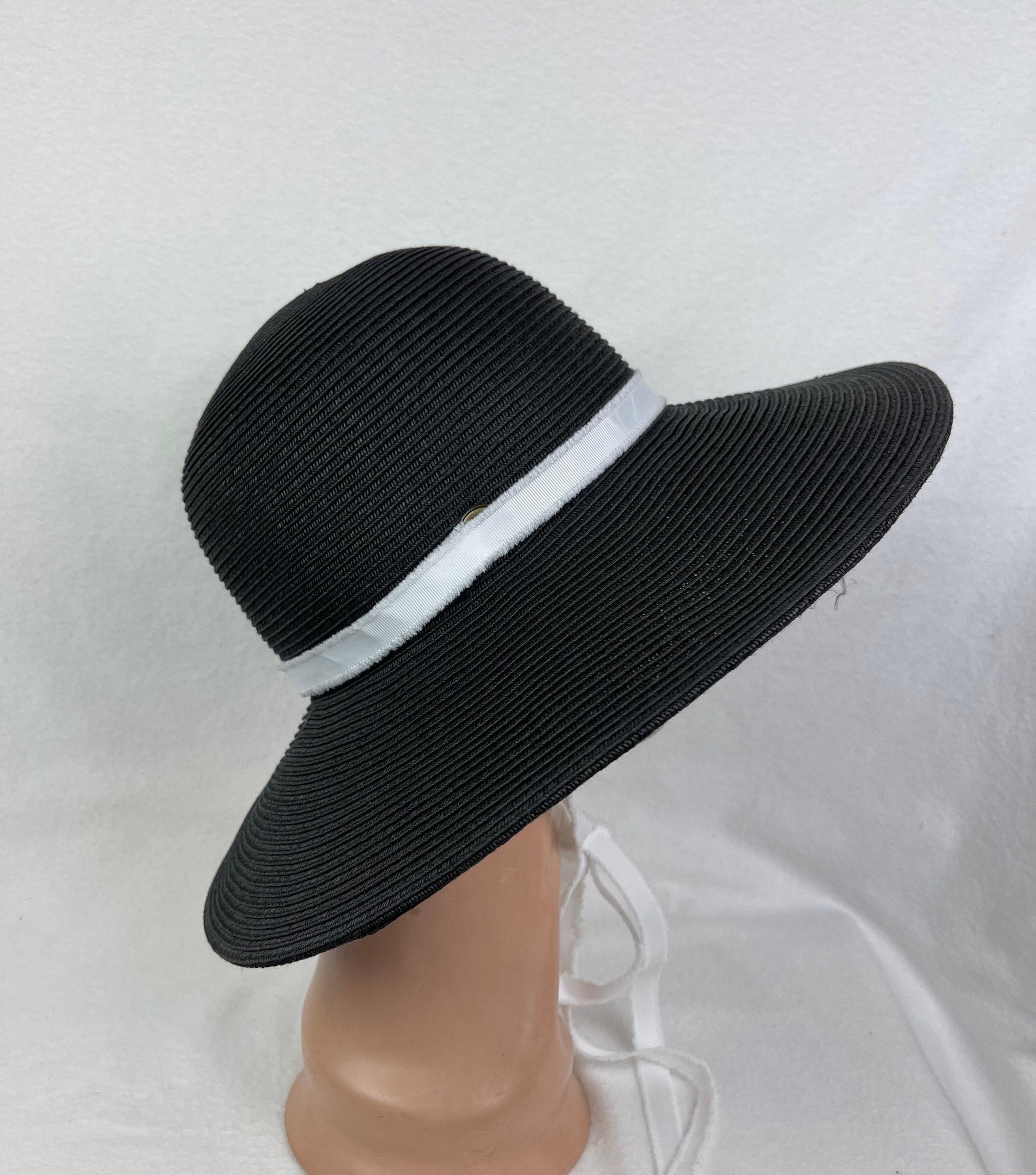 Black 4 Inch Downturn Brim Straw Hat With White Ribbon Chin - Etsy