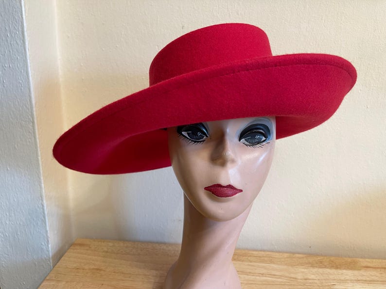Red Large Brim Wool Felt Hat / Red Felt Side Rolled Brim Telescope Hat ...
