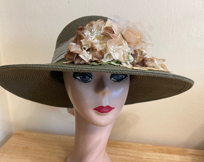 4 Inch Large Dark Khaki Green Straw Hat Trimmed With Silk Rose and ...