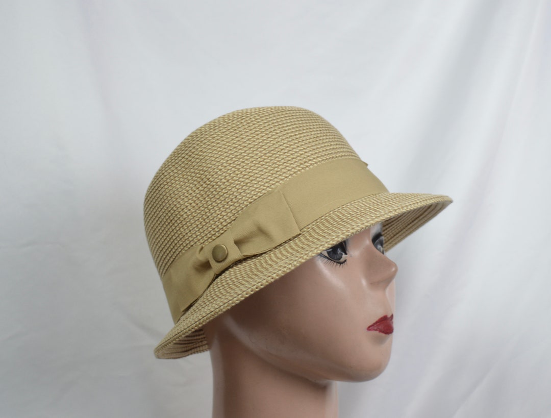 Slanted Brim Tan Cloche Hat With Bow / Vintage Inspired Downton Abbey ...