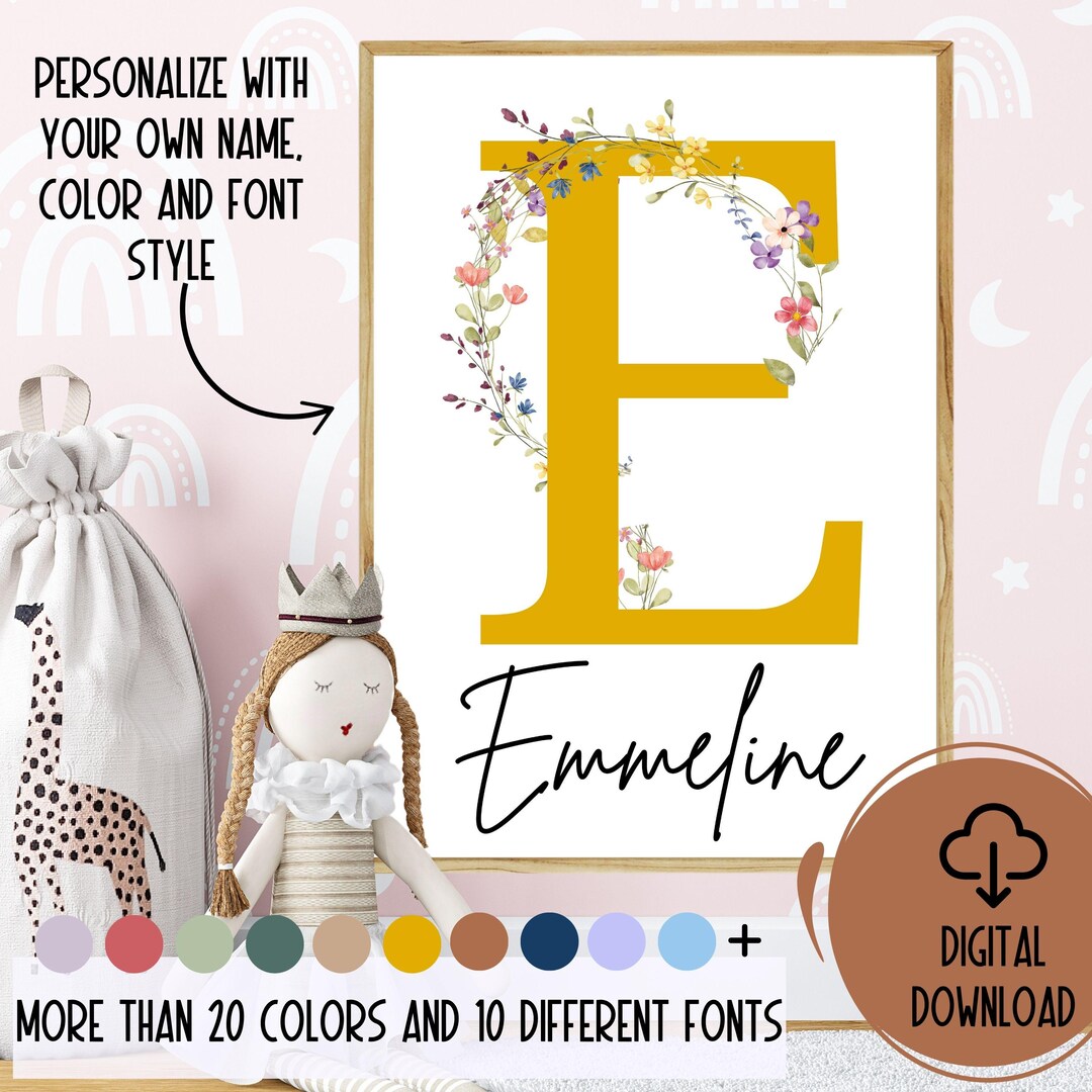Custom Floral Initial Print: Personalized Watercolor Name (digital ...