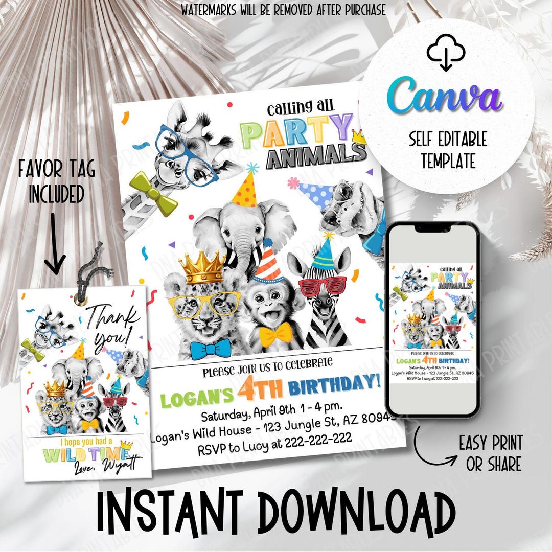 Editable Party Animals Birthday Invitation Template | Calling All Party ...