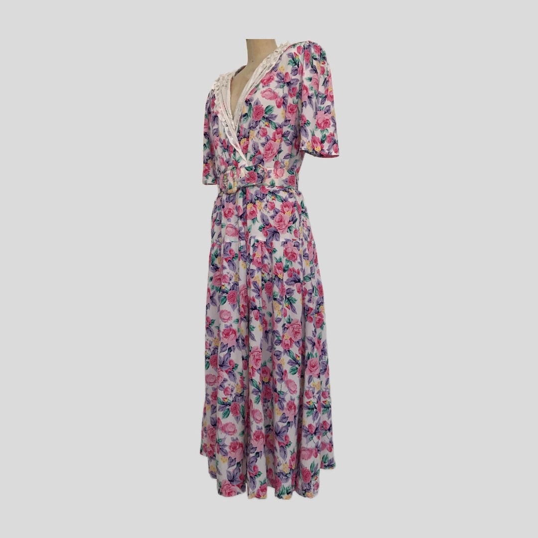 Vintage 80s Jane Singer Pink Floral Spring A Line Cottage Core Midi ...
