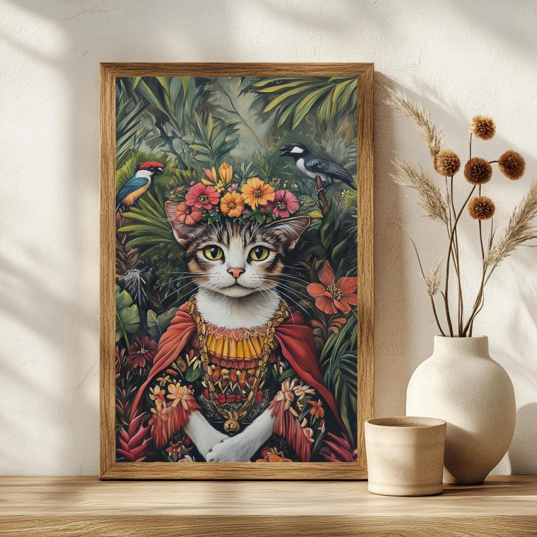 Frida Kahlo Cat Print, Frida Kahlo Cat Poster, Black Cat Art, Floral ...