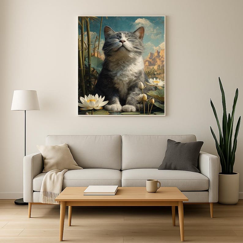 Dreamy Surreal Cat Art Print | Tranquil Feline Decor | Calm Wall Art ...
