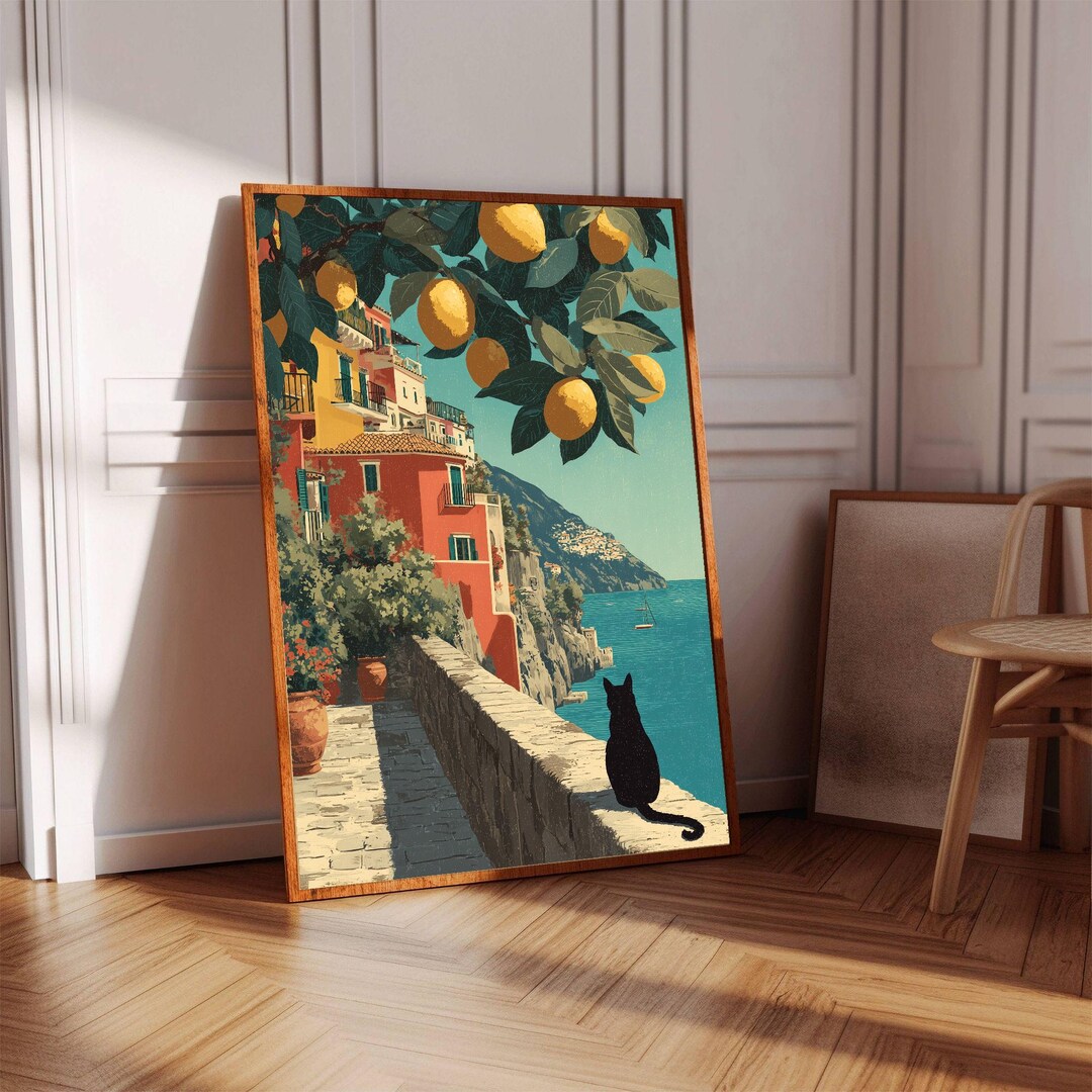 Amalfi Lemon Canopy Cat Art Print | Charming Cat Silhouette Poster ...