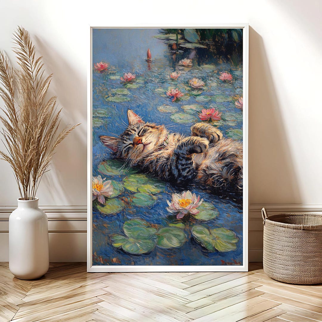 Monet Waterlily Cat Print, Claude Monet Cat Poster, Cat Art, Floral ...