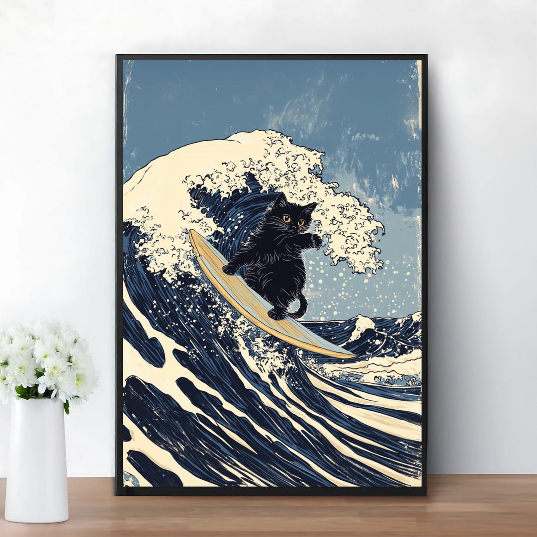Hokusai Great Wave Cat Poster, Hokusai Ukiyo-e, Vibrant Japanese Wall ...