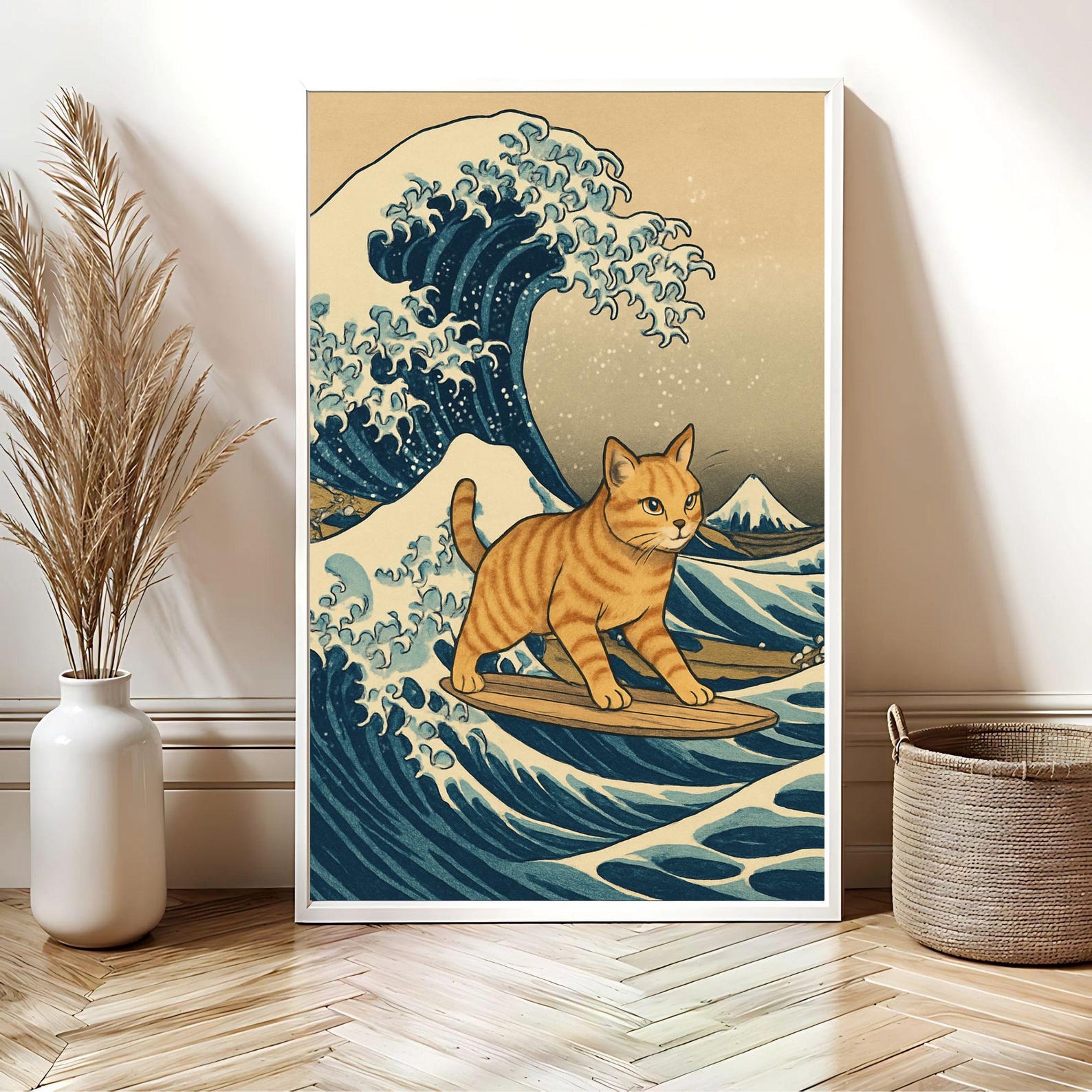 Great Wave Surfing Cat Art Print | Japanese Ukiyo-e Style Digital Print ...